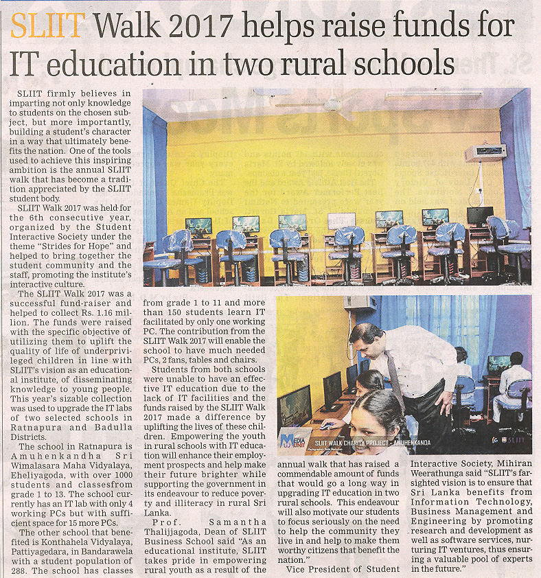 SLIIT Walk 2017 Helps Raise Funds For IT Education In Two Rural Schools ...